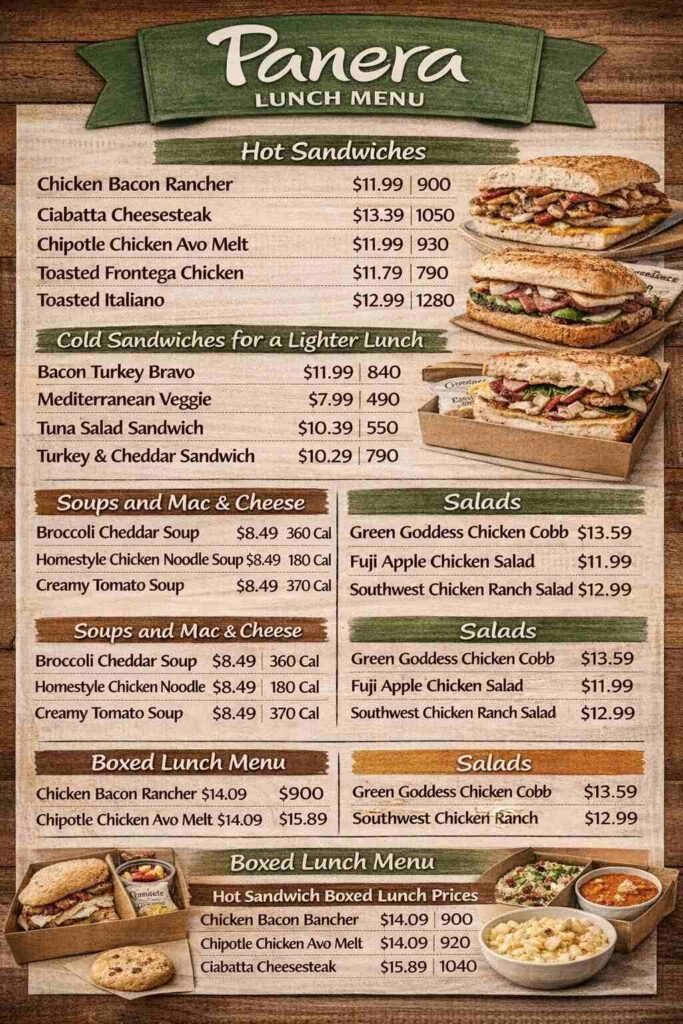 Panera Bread Lunch Menu with Prices
