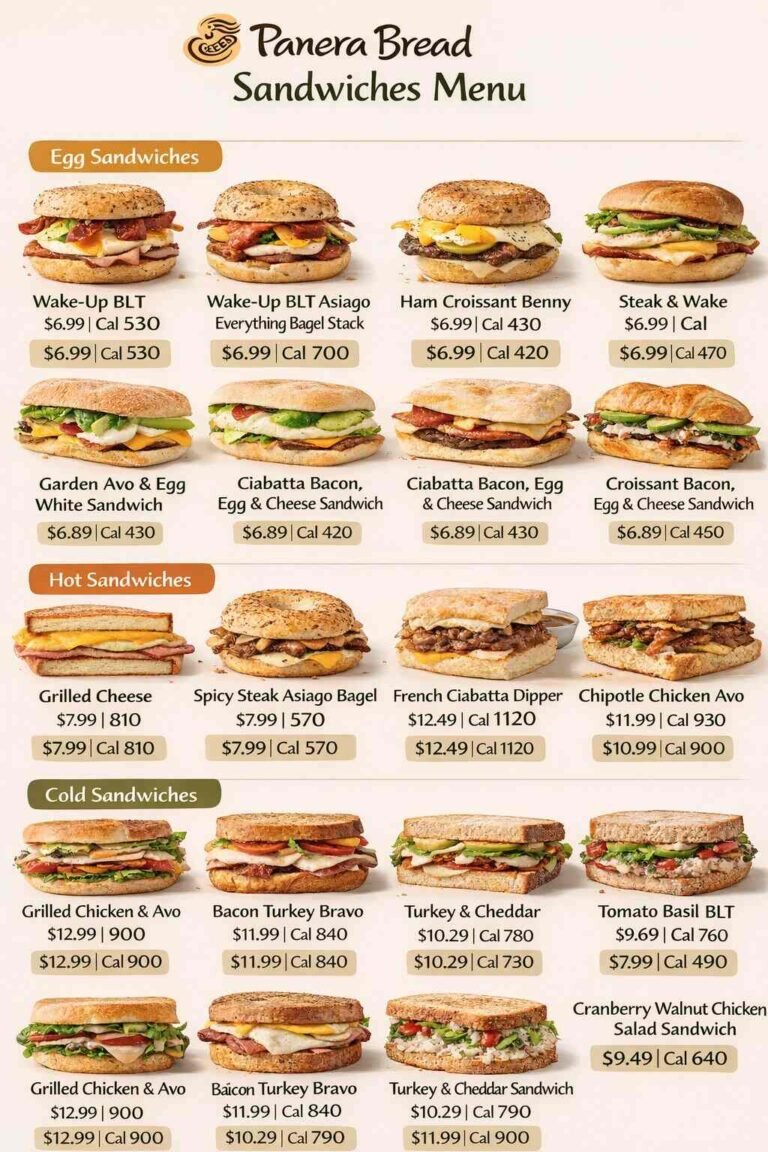 Panera Bread Sandwiches Menu With Prices